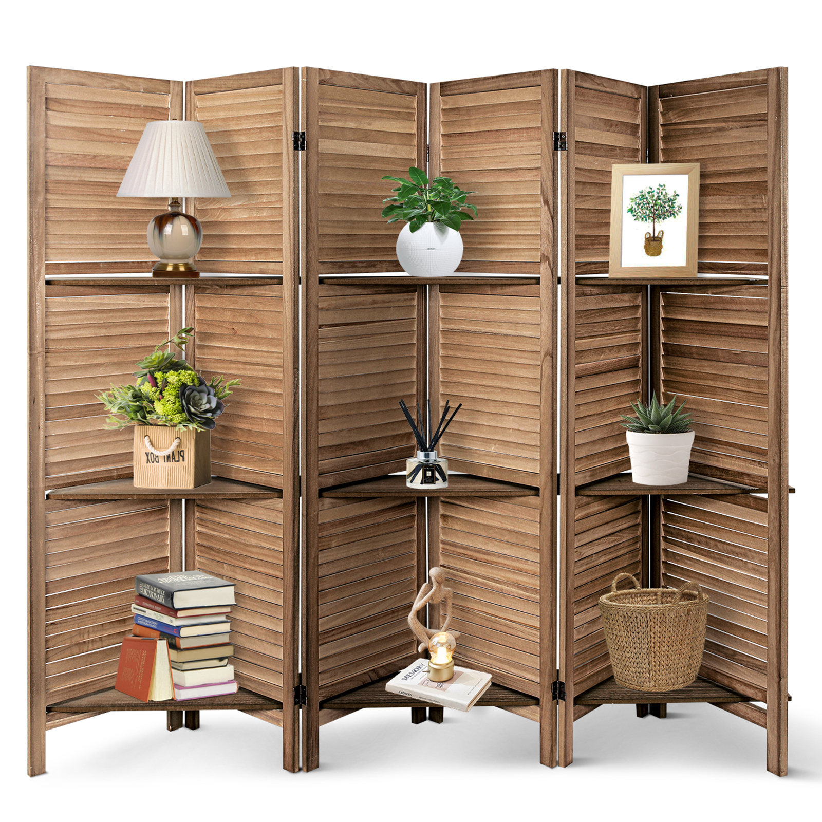 Fionafurn 6 Panels Wood Room Divider Folding Screen with Display ...