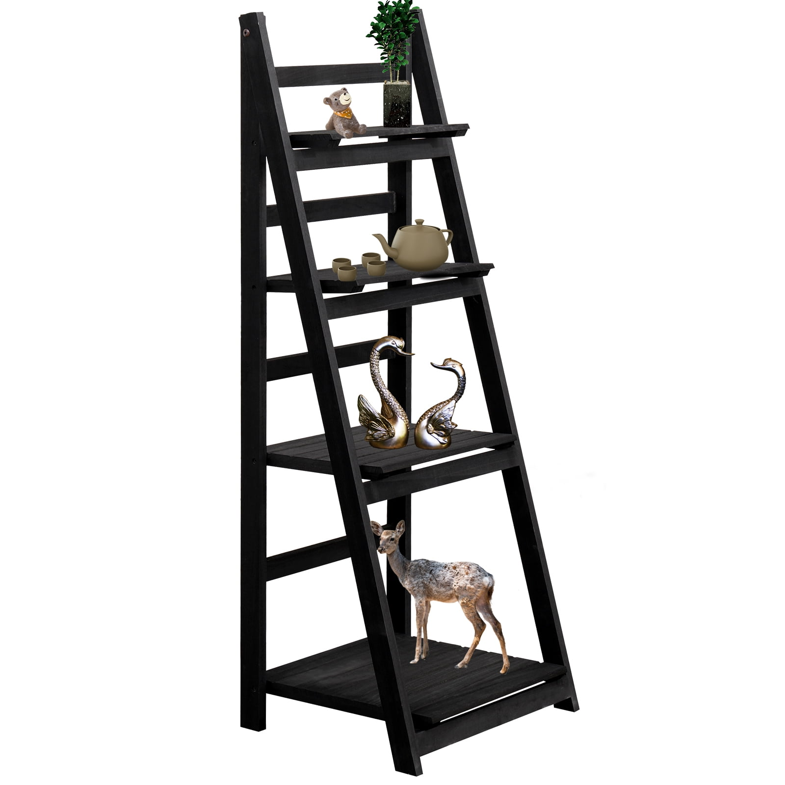 Fionafurn Indoor Folding Wooden Ladder Shelf, 4 Tier Sturdy Bookcase ...