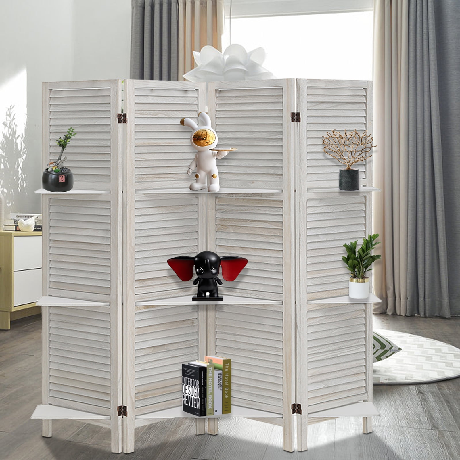 Fionafurn Room Divider with Shelves, 4 Panel Folding Privacy Screens ...
