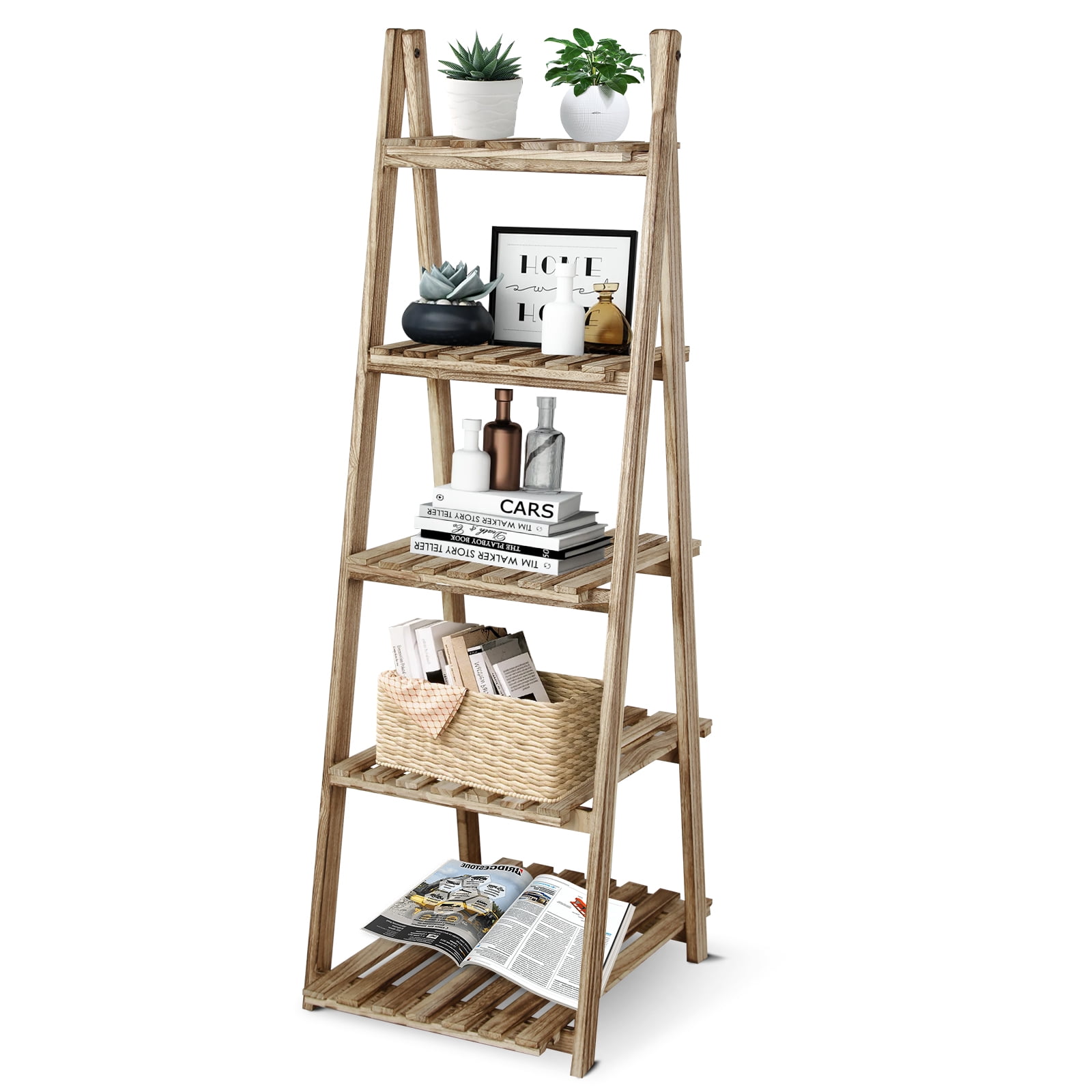 Fionafutn 5-Tier Wood Corner Book Open Tall Shelving Unit, Ladder Shelf ...
