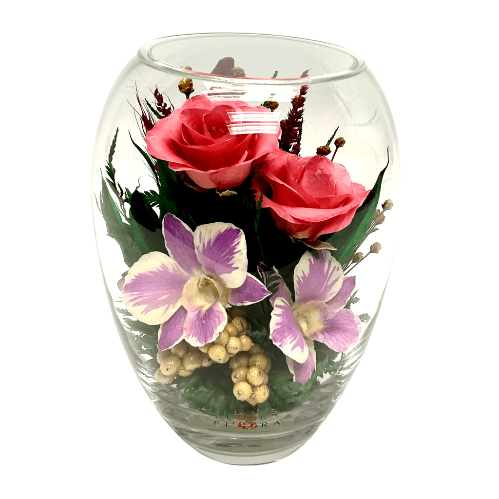 Fiora Flower Long-Lasting Pink Roses and Orchids in a Elliptical Glass ...