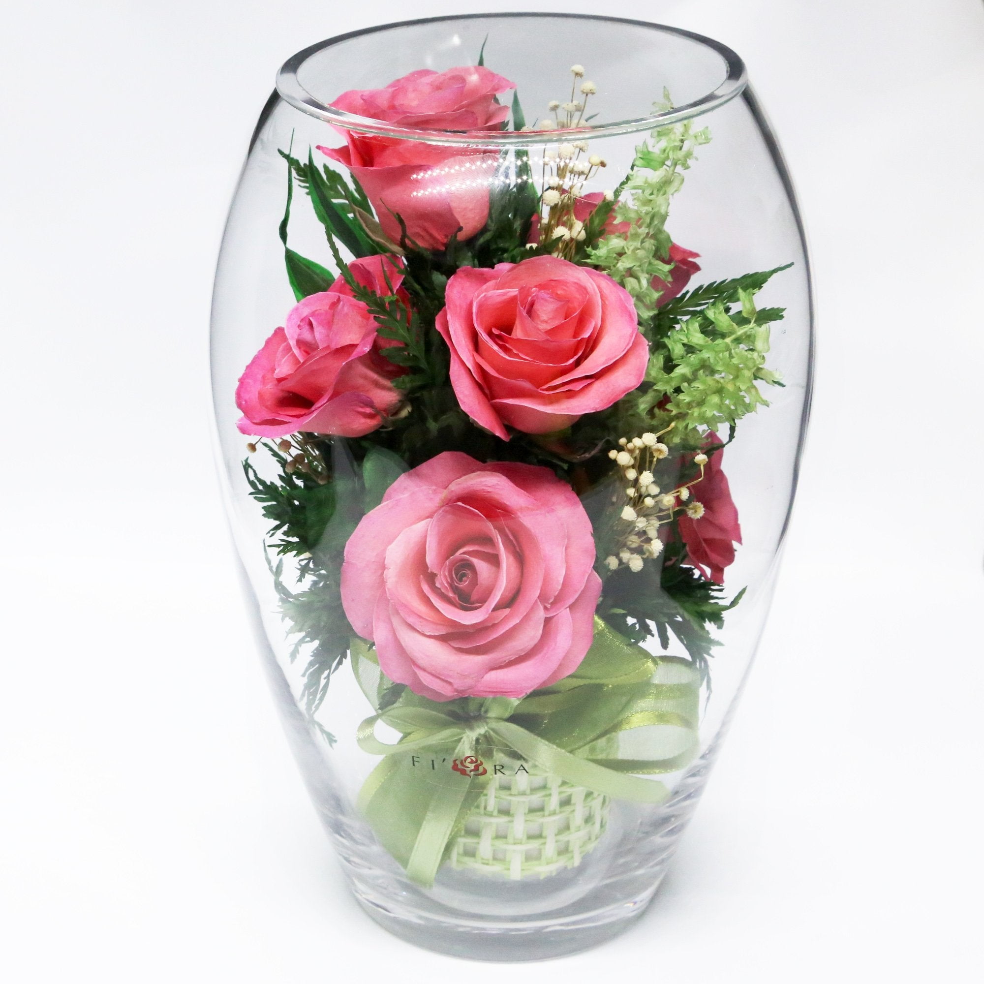 Fiora Flower Long-Lasting Pink Roses in a Elliptical Round Glass Vase ...