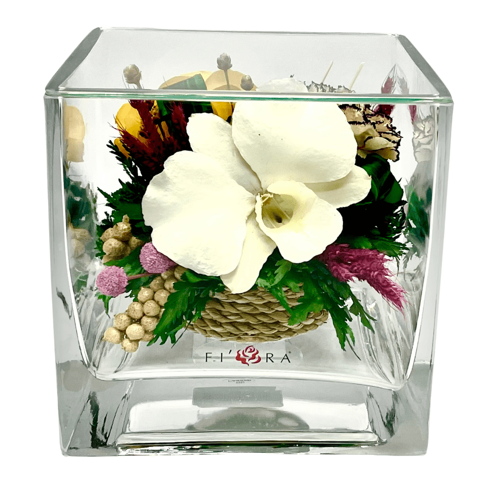 Fiora Flower Long-Lasting Yellow Rose and White Orchid in a Cube Glass ...