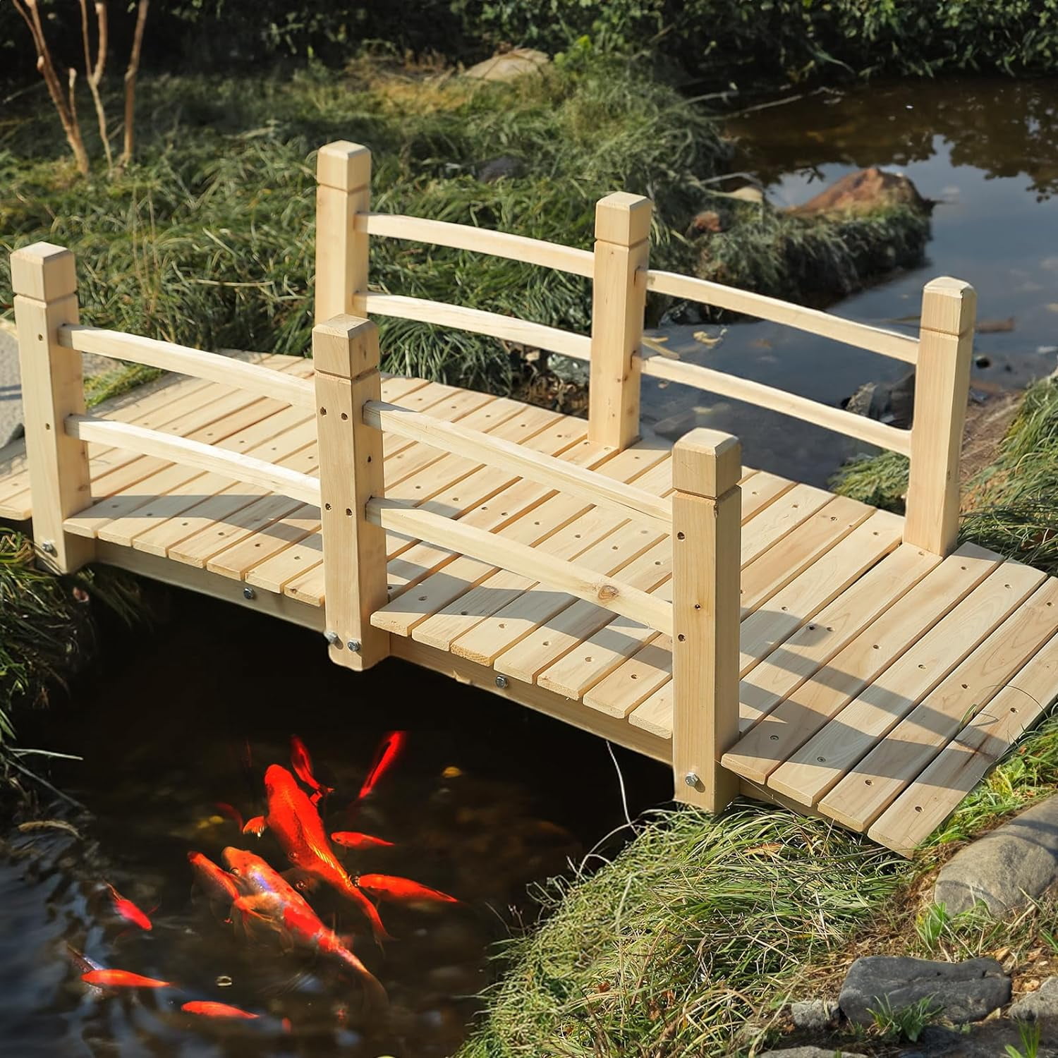 Fir Wood Garden Bridge – Outdoor Arc Footbridge with Double Railings ...