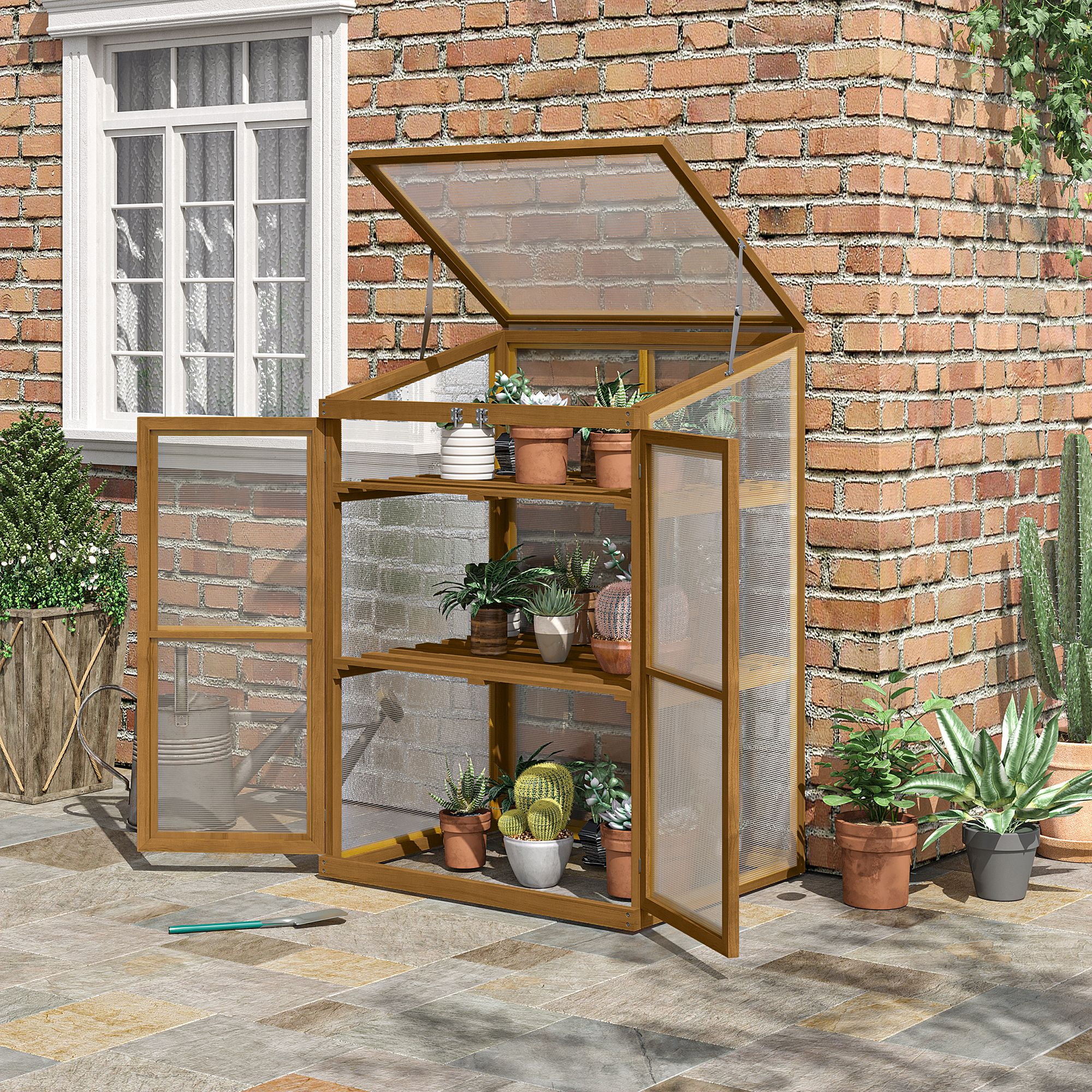 Fir Wood Garden Planter Greenhouse w/ Panels, Shelves - Walmart.com