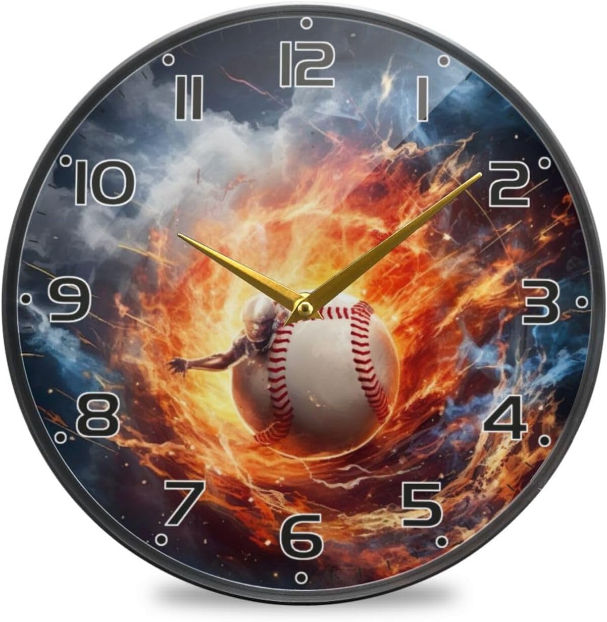 Fire Baseball Lightning Wall Clock Round Silent Non Ticking Battery ...