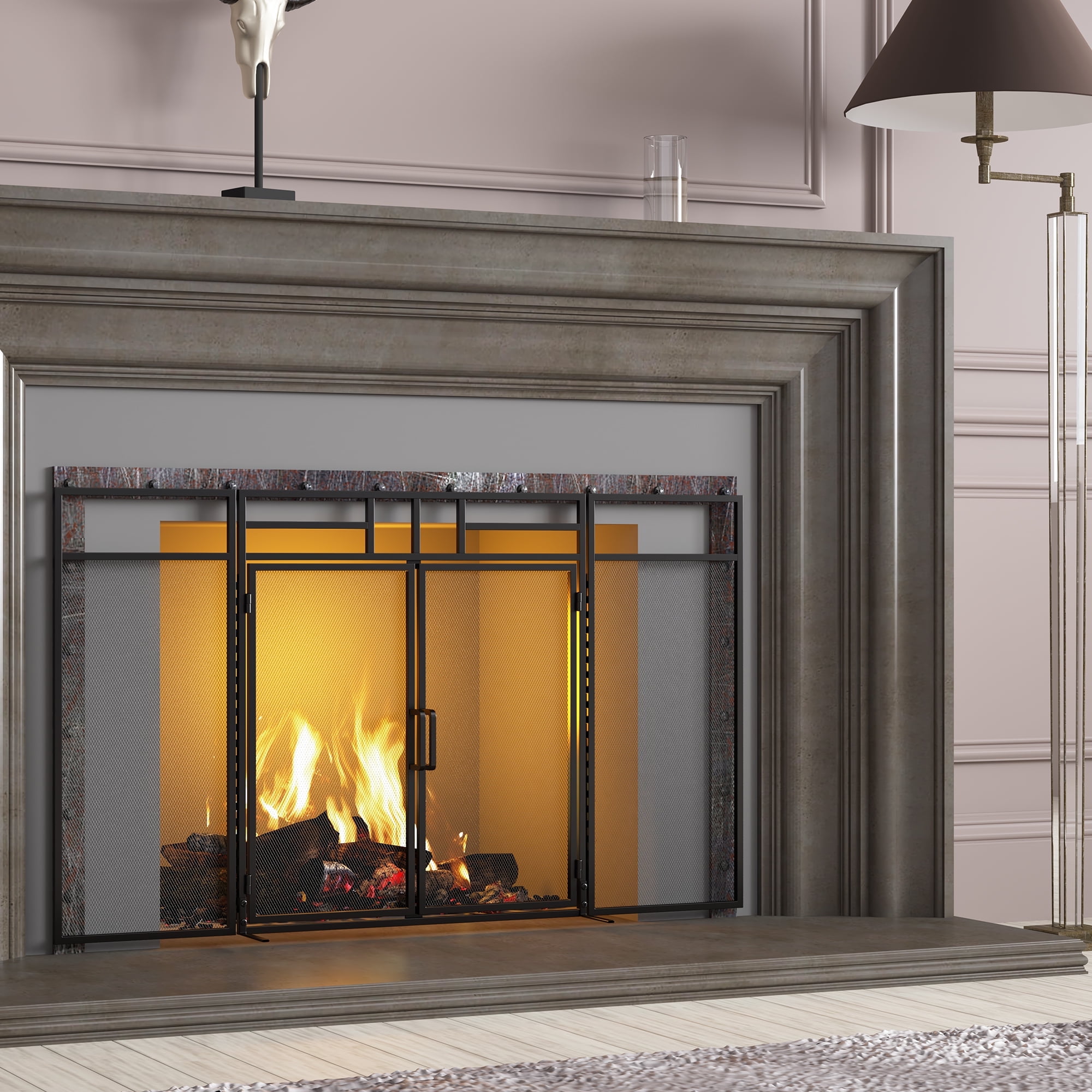 Fire Beauty 3-Panel Folding Fireplace Screen with Magnetic Hinged Doors ...