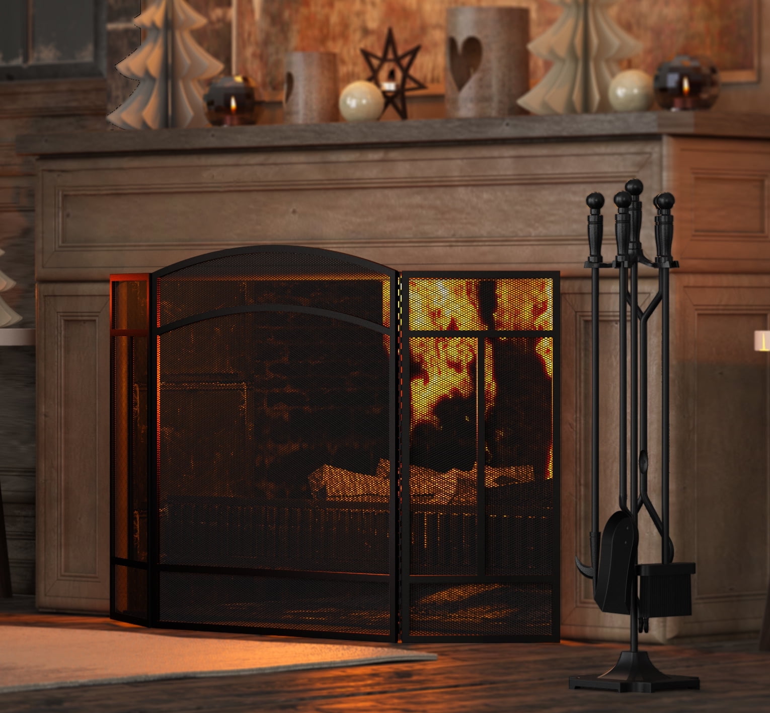 Fire Beauty 48" Sanded Black Fireplace Screen – 3-Panel Wrought Iron ...