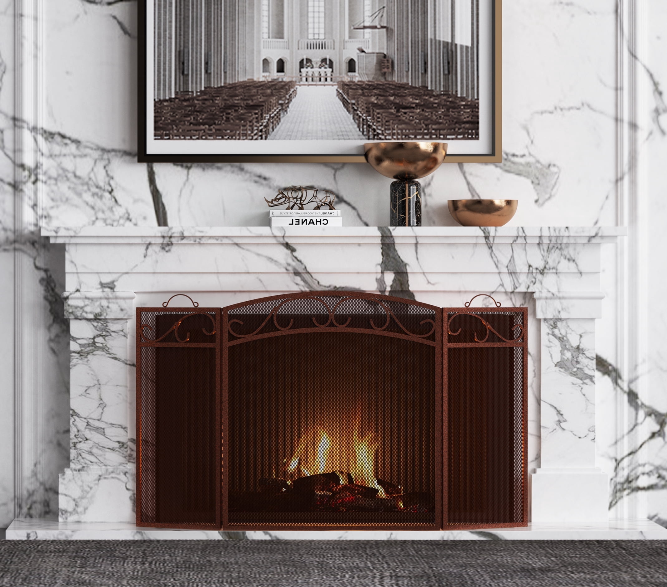 Fire Beauty Fireplace Screen 3 Panel with Handles Wrought Iron 51"(L ...