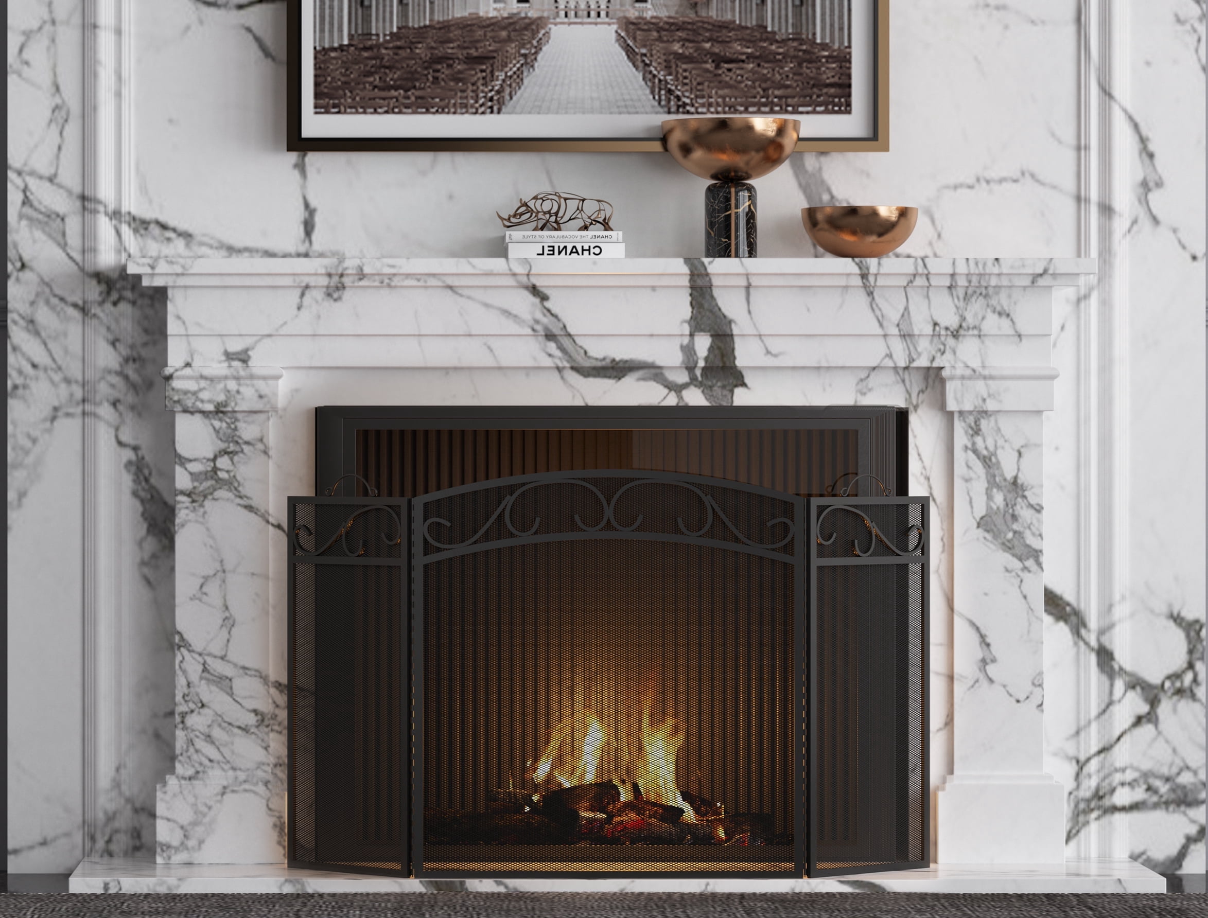 Fire Beauty Fireplace Screen 3 Panel with Handles Wrought Iron 51