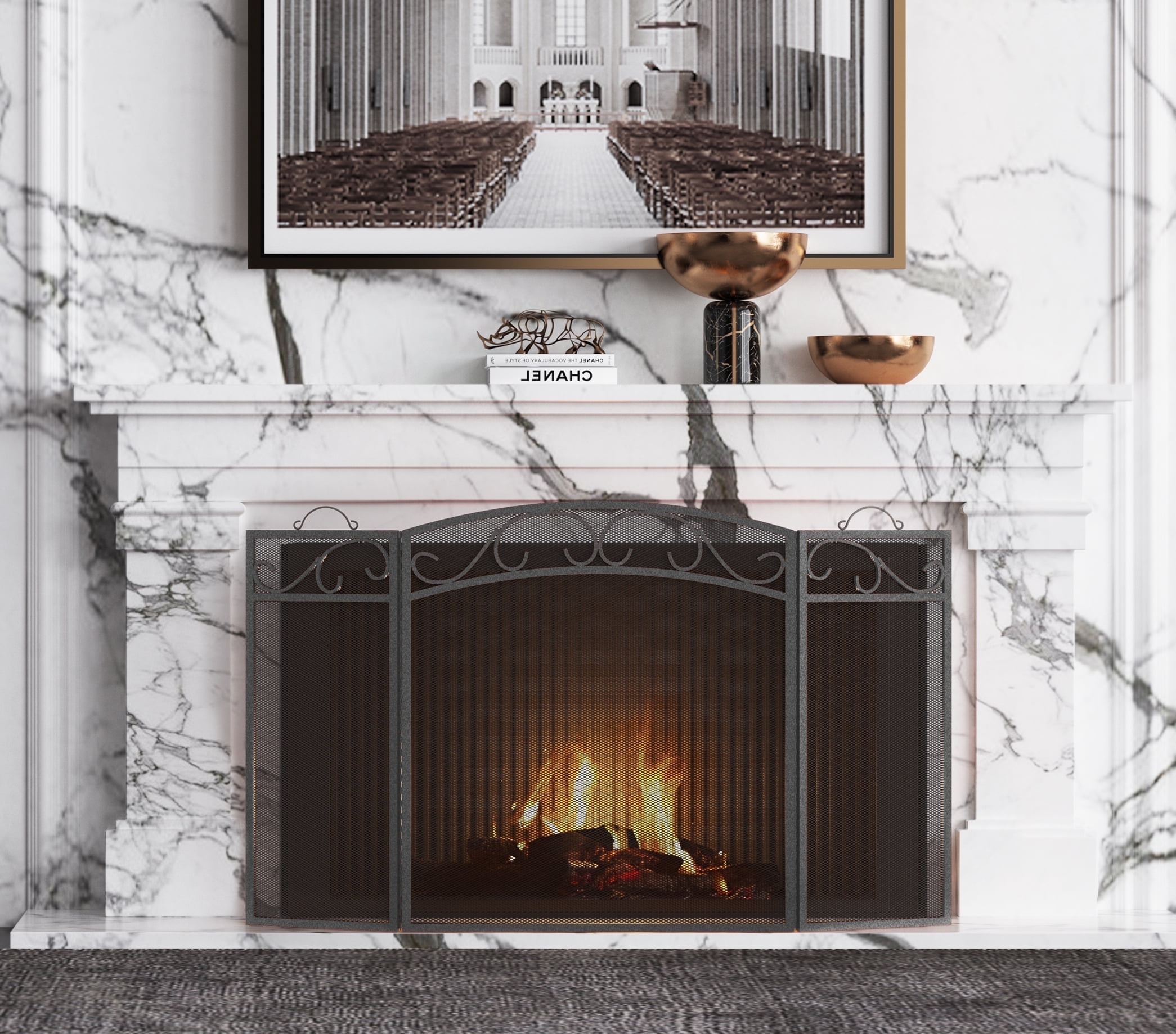 Fire Beauty Fireplace Screen 3 Panel 51"L x31"H Modern Foldable with ...