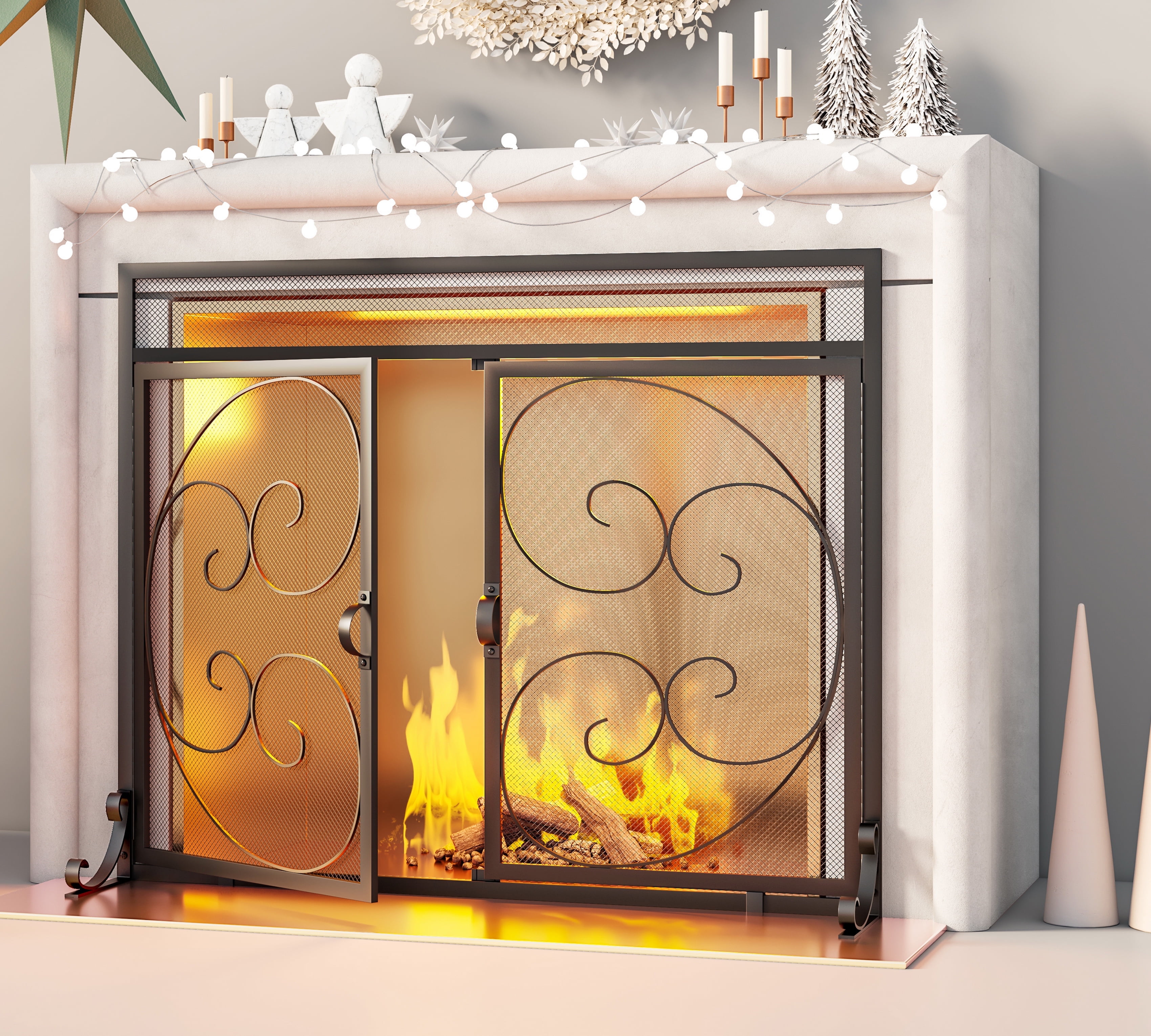 Fire Beauty Fireplace Screen with Magnetic Doors,Large Metal Fireplace ...