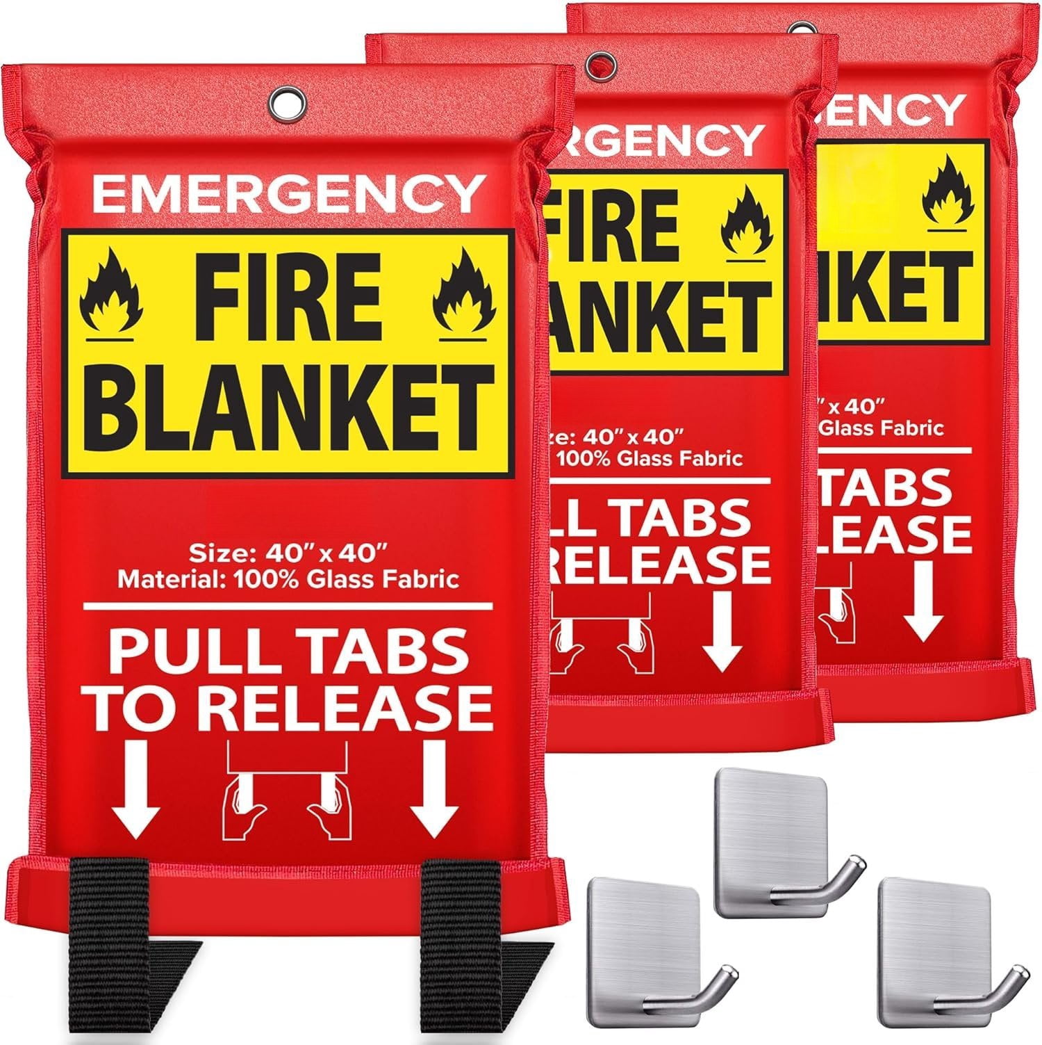 Fire Blanket - 3 Packs with Hooks - Fire Blanket for & Kitchen, High ...