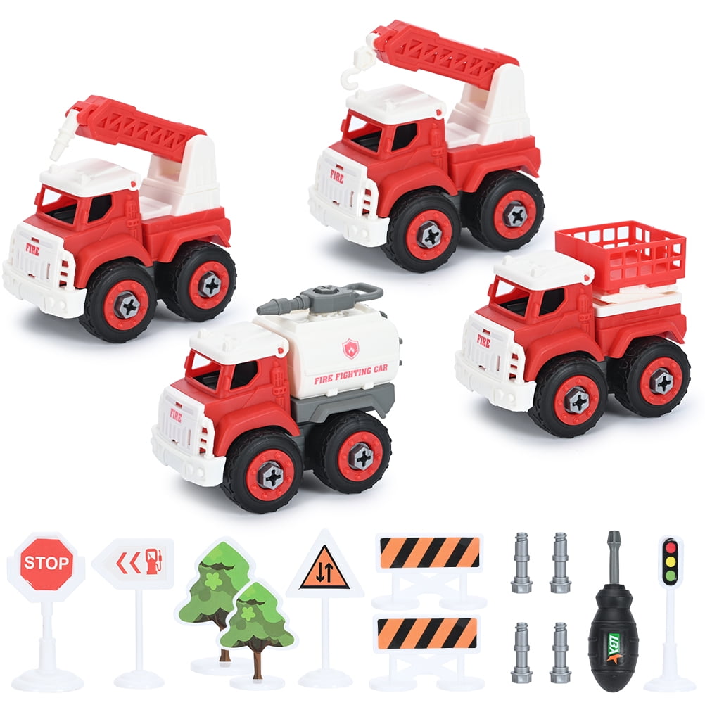 Fire Carrier Toy Trucks Set with Spray, 4 Friction Powered Rescue Cars ...