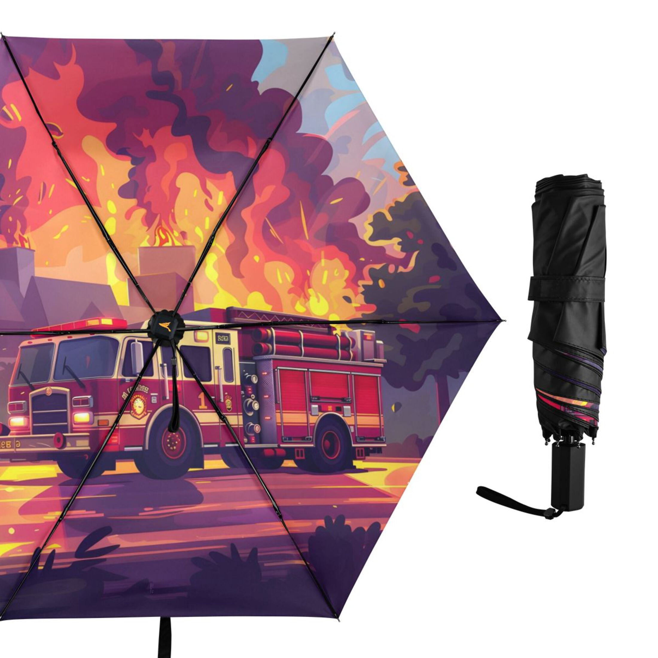 Fire Department Firetruck Triple Folding Umbrella Parasol 6 Ribs UV ...