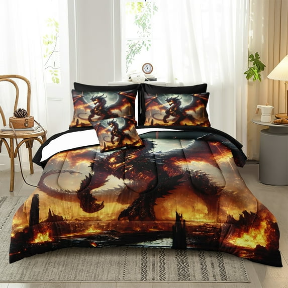 Fire Dragon Bed in a Bag Queen/King Comforter Set with Sheets Mythical ...