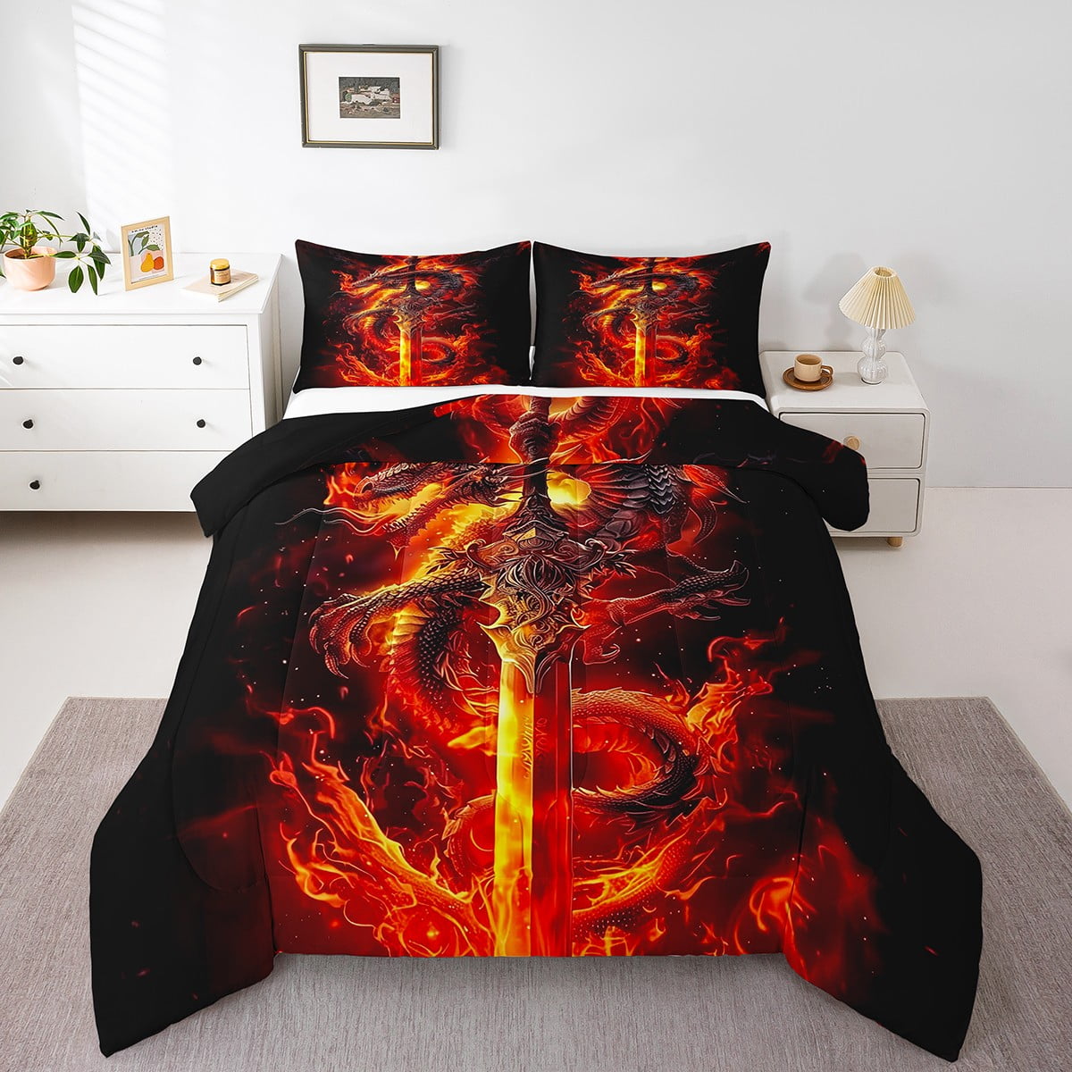 Fire Dragon Comforter Set 3D Dragon Theme Bedding Sets Teens Fierce ...