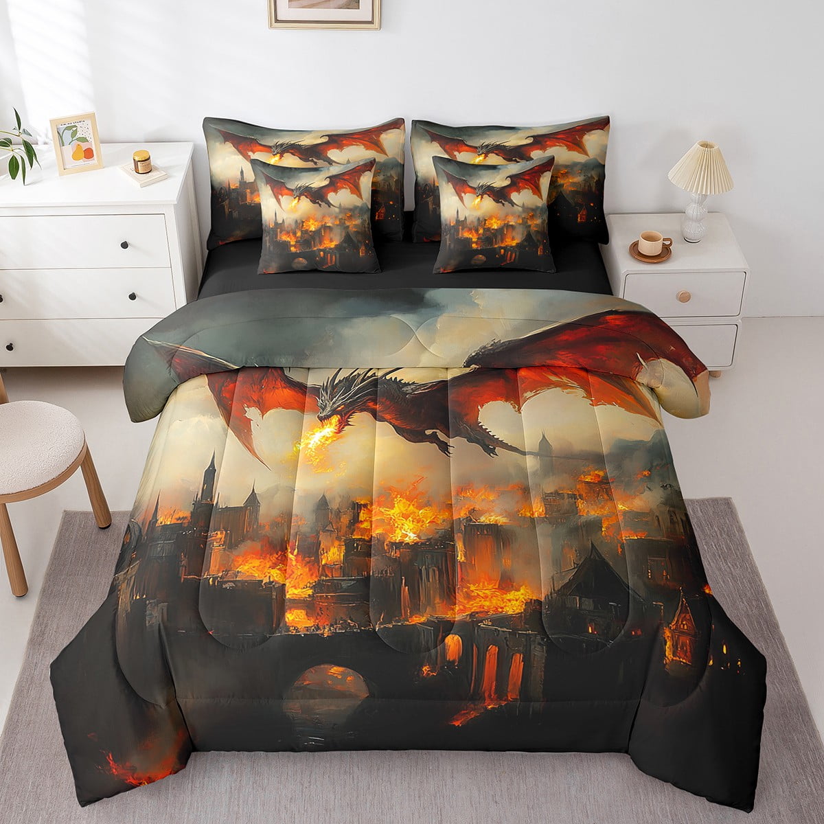 Fire Dragon Comforter Set in a Bag 7 Pcs,Mythology Themed Bed Sets with ...