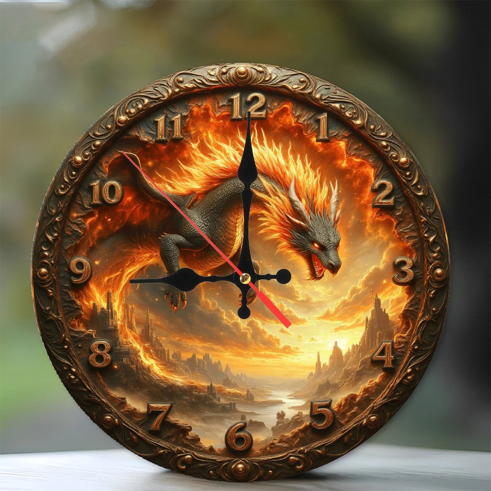 Fire Dragon Fantasy Wall Clock Decorative Art 10-Inch Silent Wooden Wall Clock, Battery Operated ...