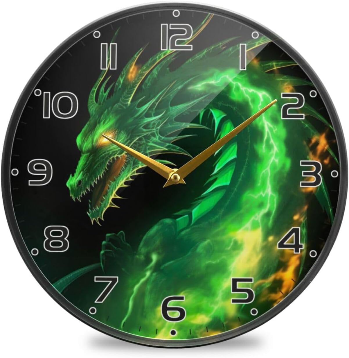 Fire Dragon Green Wall Clock Round Silent Non Ticking Battery Operated ...