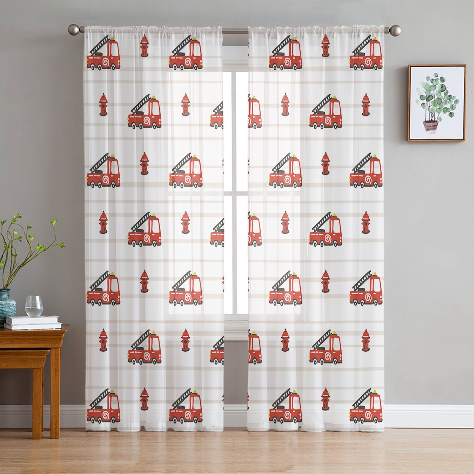 Fire Engine Cartoon Sheer Curtains for Living Room ration Window ...