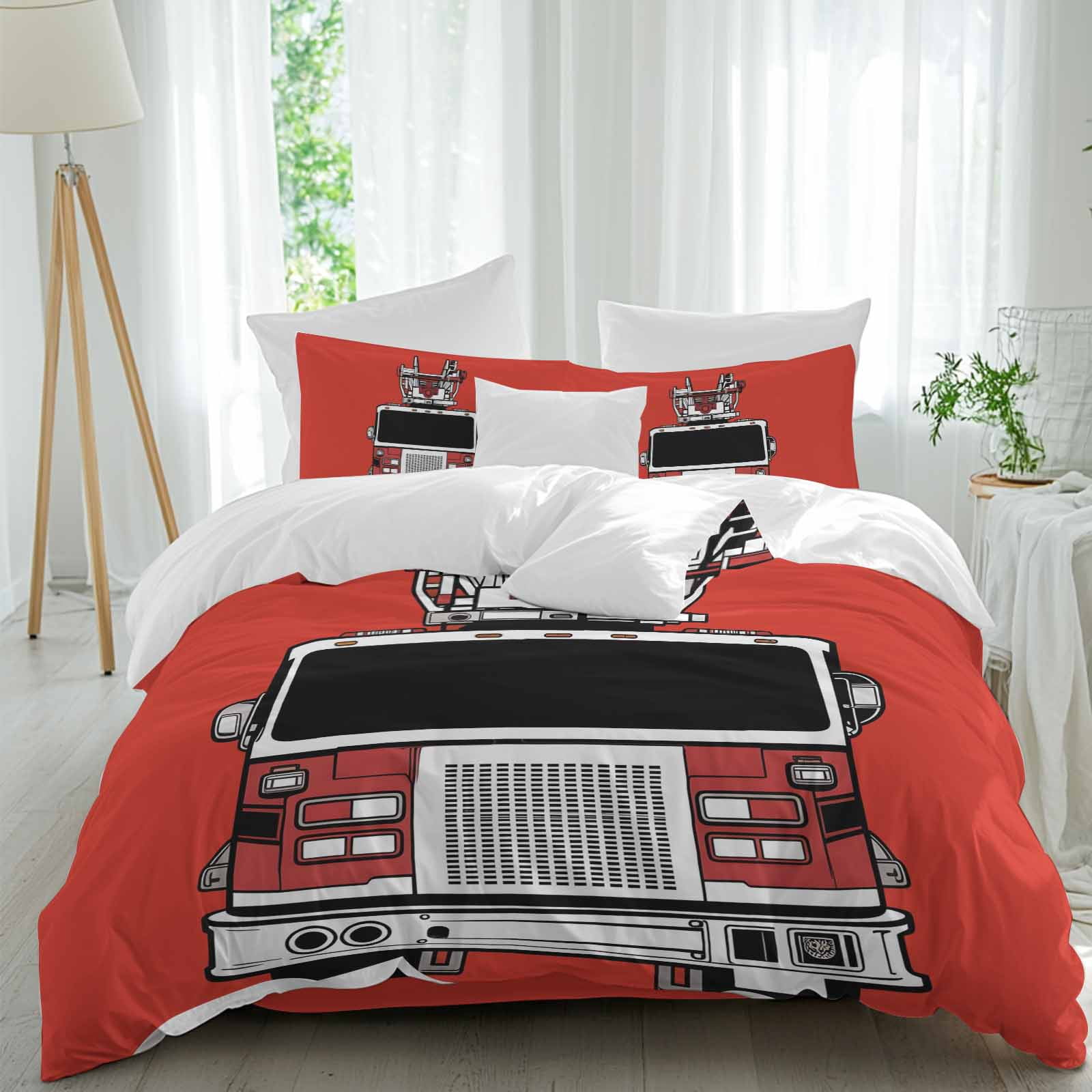 Fire Engine Truck California King Duvet Cover Set, Cartoon Fireman ...
