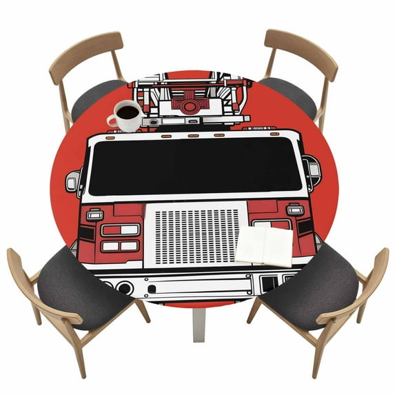 Fire Engine Truck Round Fitted Tablecloth with Elastic Edge Cartoon ...