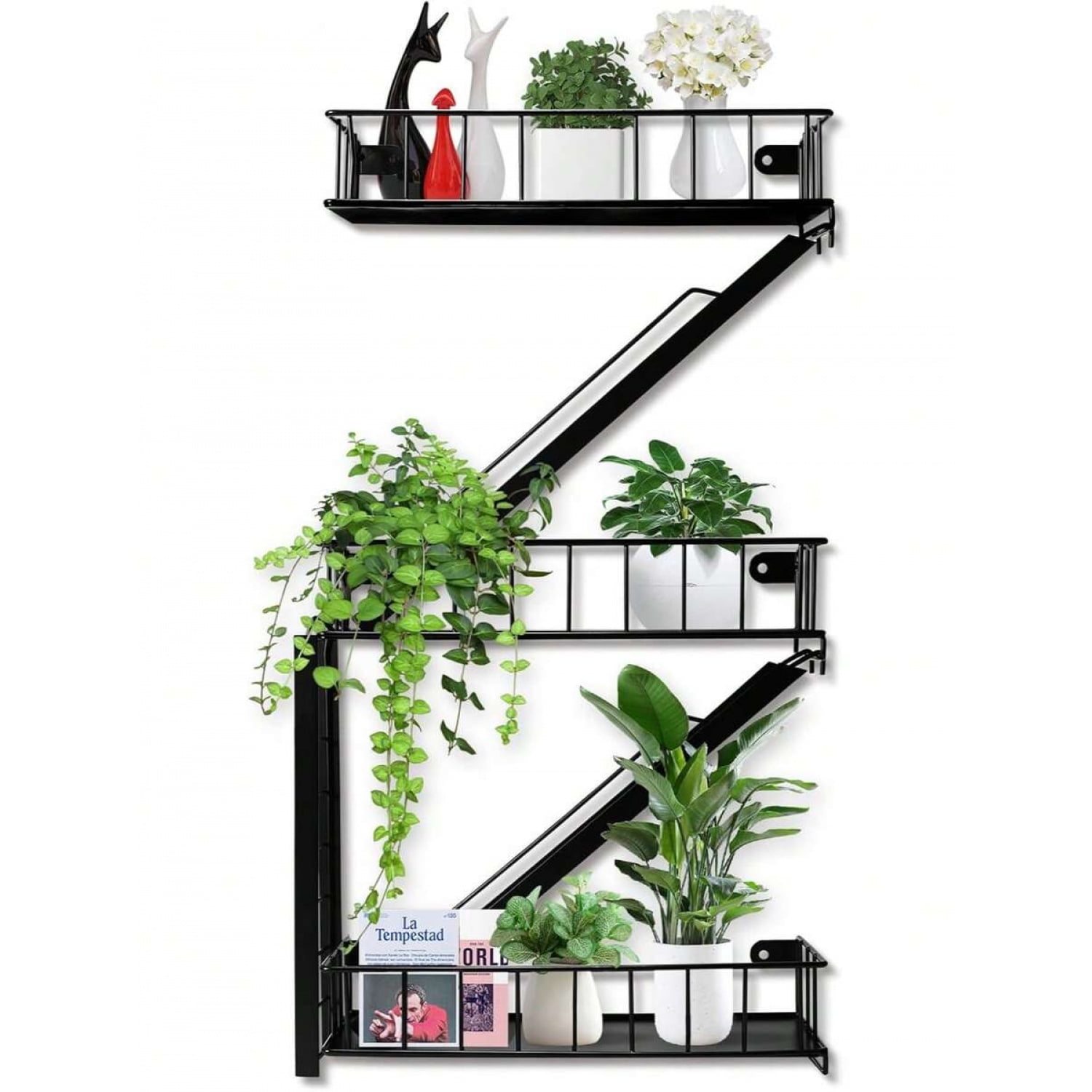Fire Escape Shelf - 3 Tier Black Fire Escape Wall Shelves With Basket ...