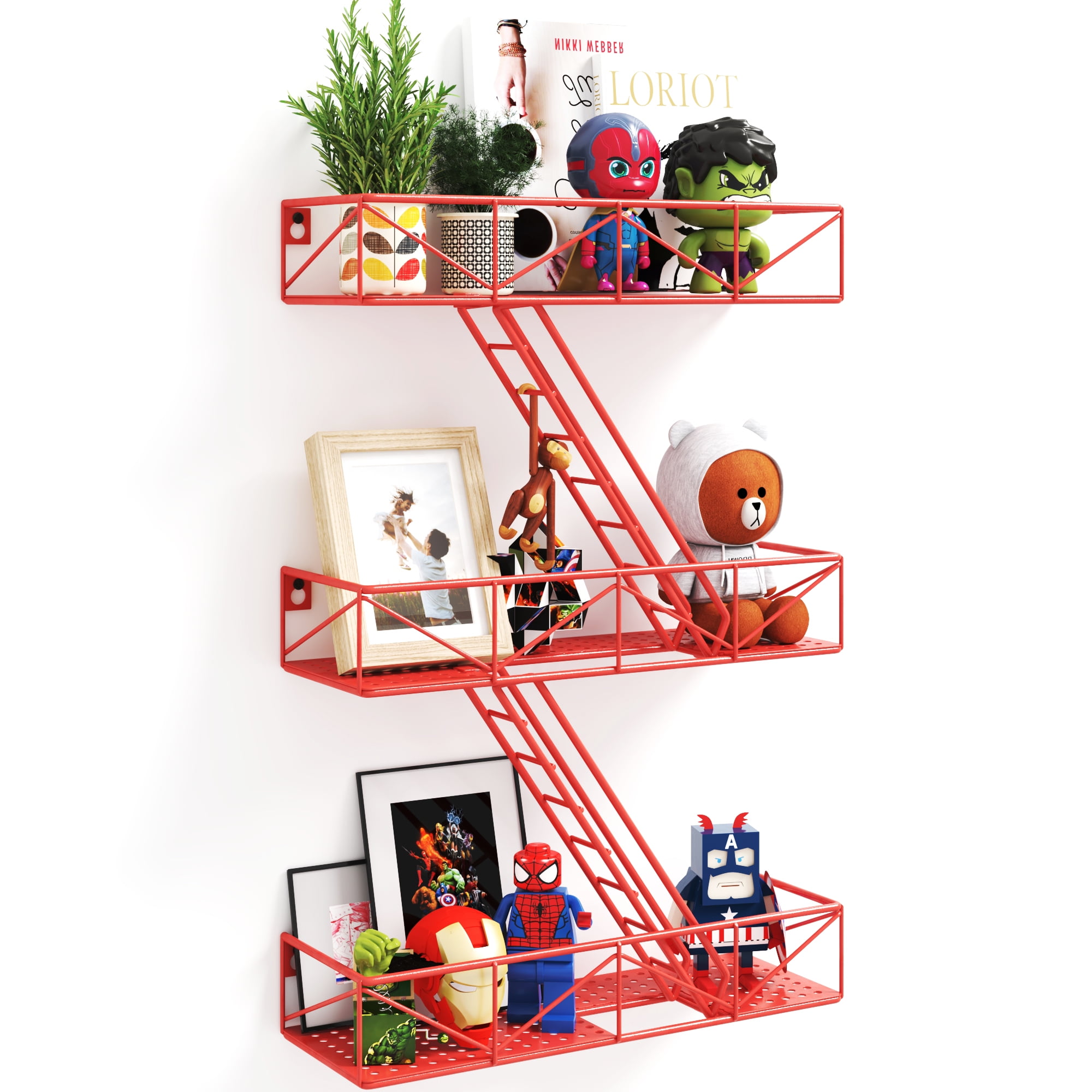 Fire Escape Wall Shelf with Basket, 3-Tier Black Fire Escape Ladder ...