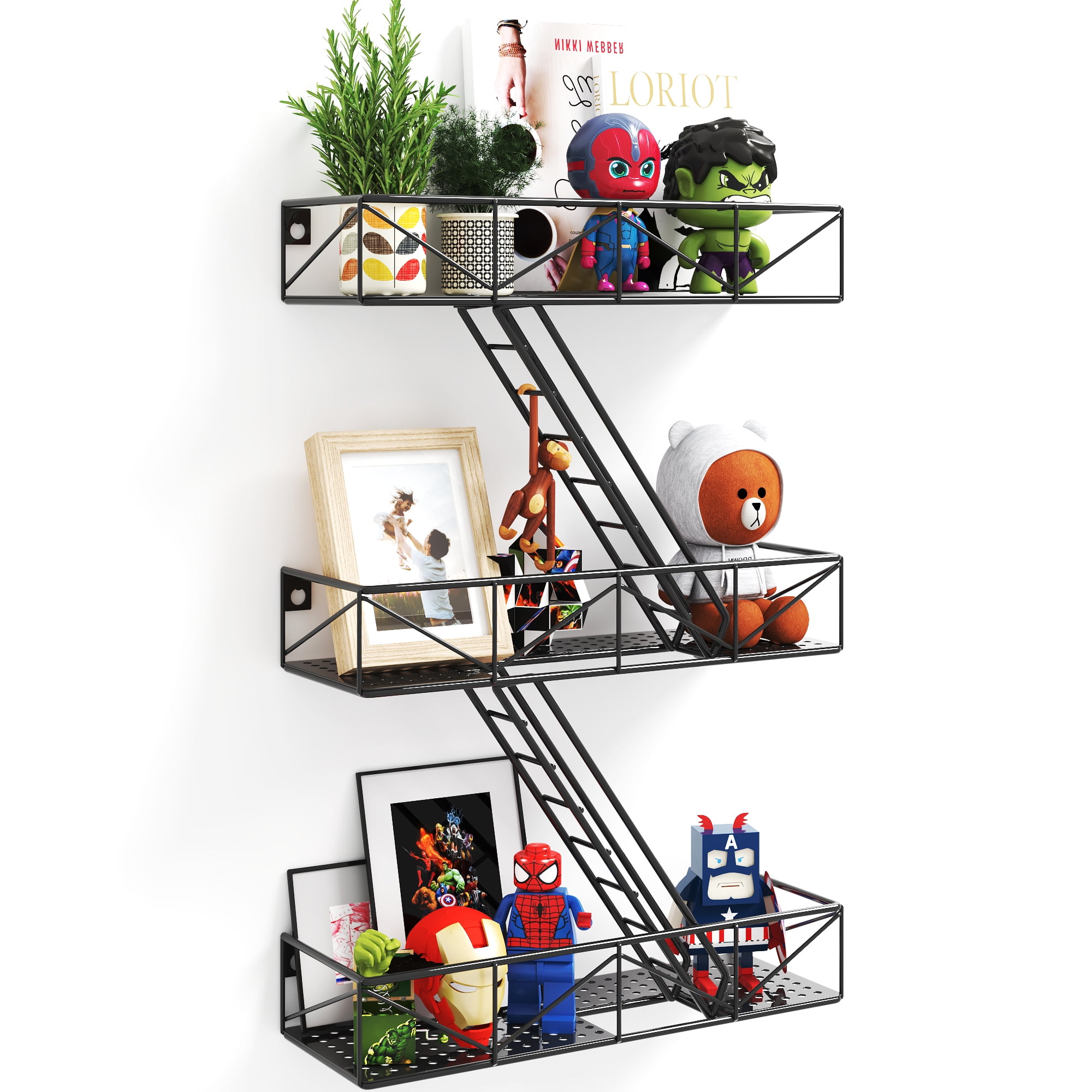 Fire Escape Wall Shelf with Basket, 3-Tier Red Fire Escape Ladder Shelf ...