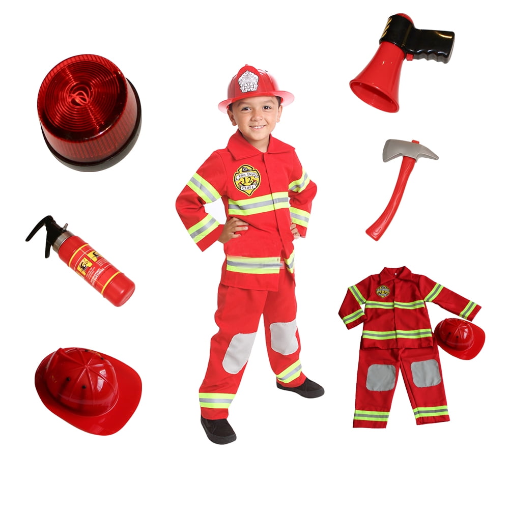 Monika Fashion World Firefighter Kids Costume with Light-Up Badge, Hat ...