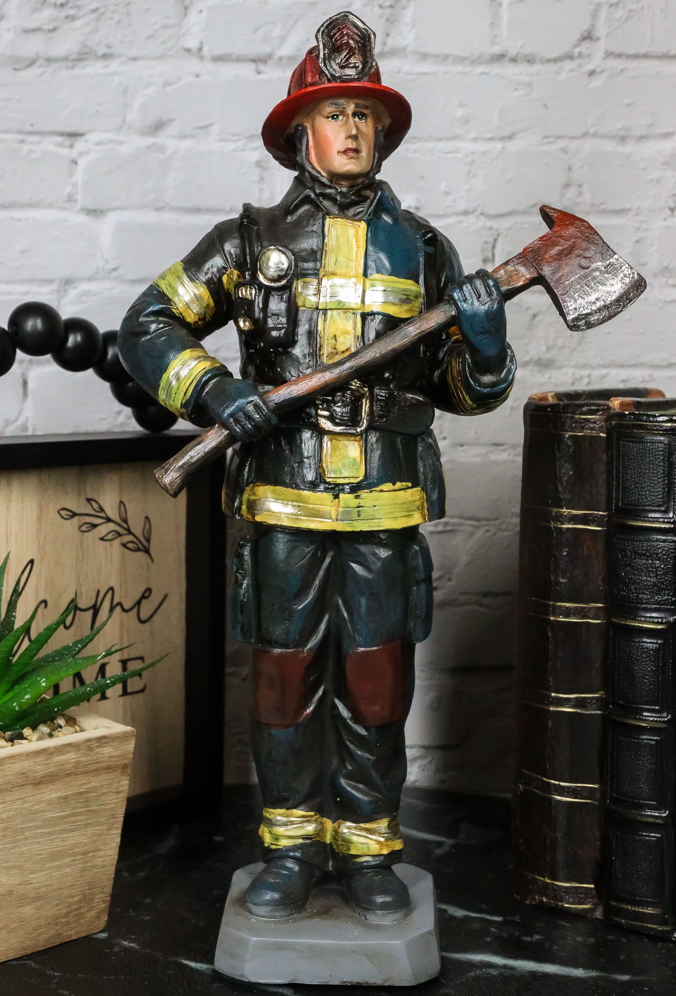 Fire Fighter Fireman In Bunker Gear Suit And Air Tank Holding an Axe ...