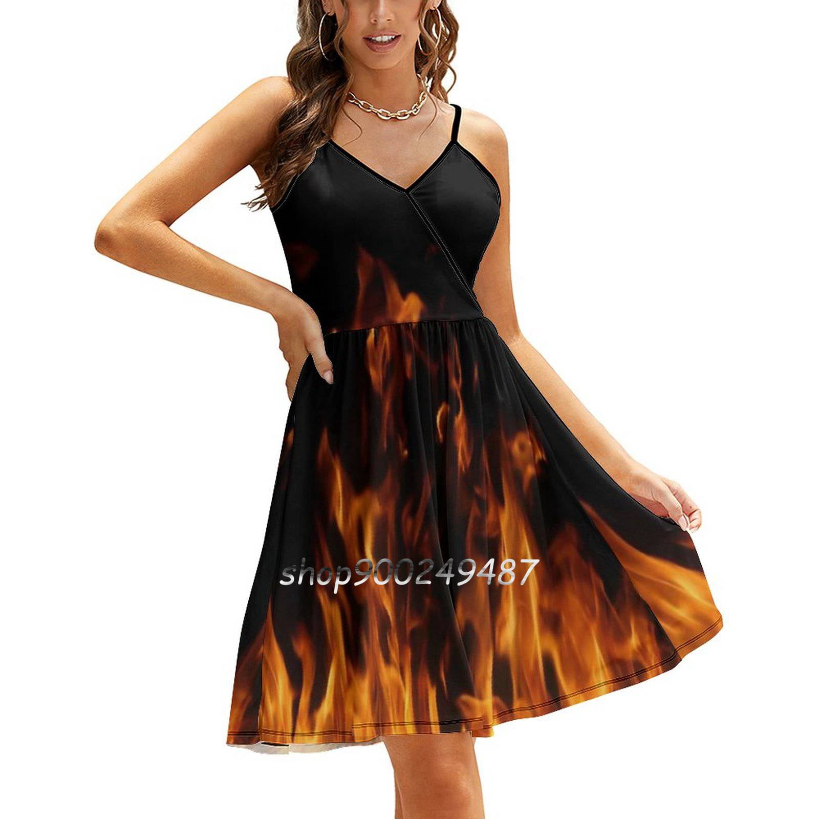 Fire Flames Evening Party Dresses Midi Sexy Dress Female Sweet One ...