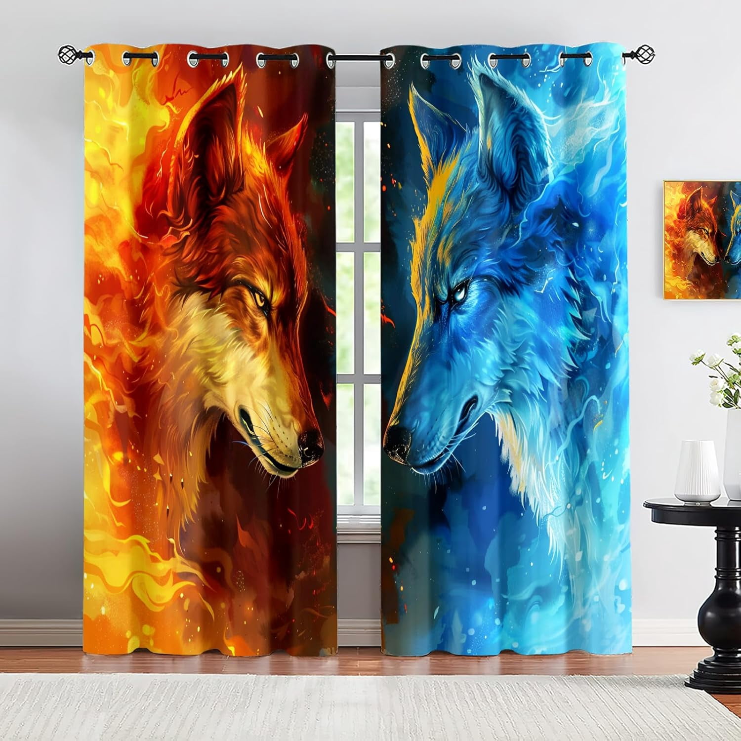 Fire Ice Wolf Blackout Curtains, Cartoon Wolf Animal Print Window ...