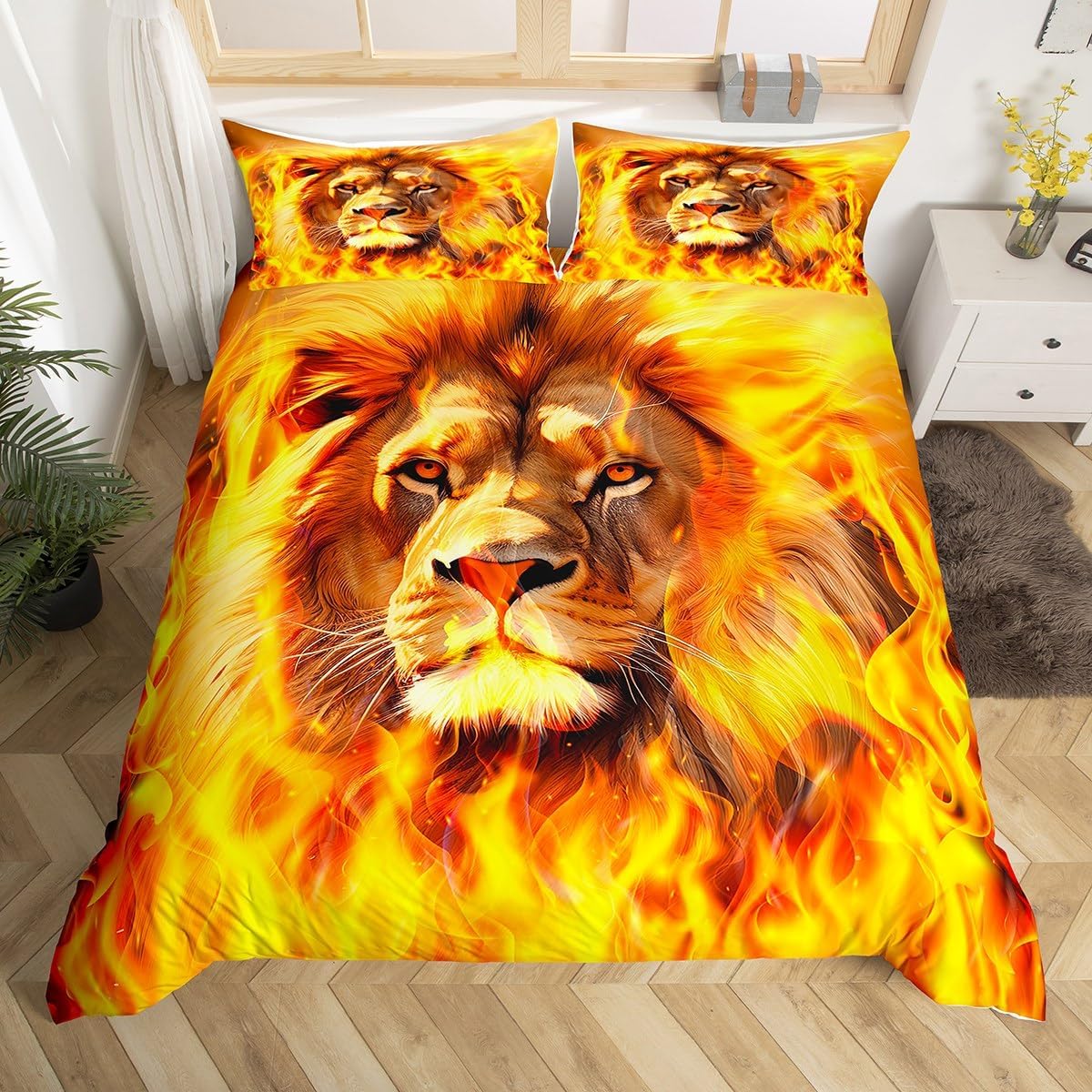 Fire Lion Duvet Cover Set,Yellow Flame Lion Comforter Cover with 2 ...