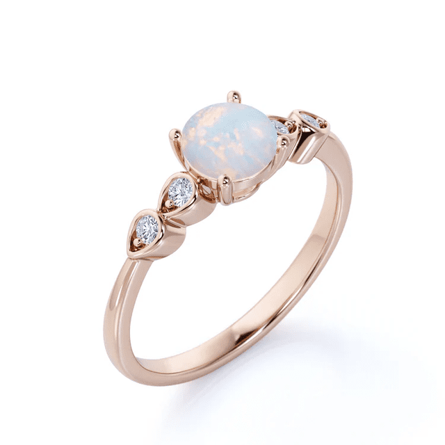 Fire Opal Round Cut Engagement Ring Set,18K Rose Gold Opal Ring, Rose ...