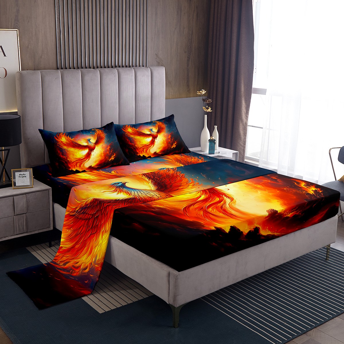Fire Phoenix Bedding Set 3D Printed Flying Animal Kids Sheet Set Flame ...