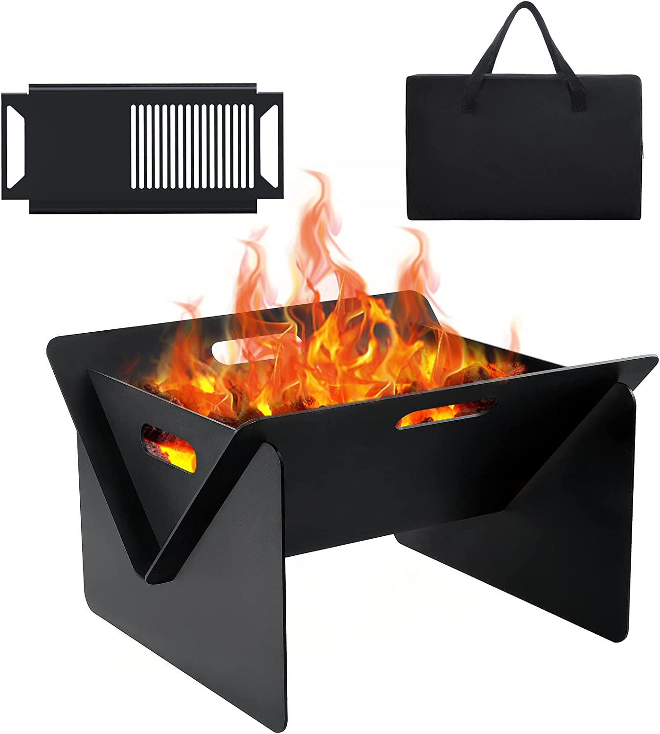Fire Pit, 18/20 inch Outdoor Wood Burning with Grill Pan, 2 in 1 Metal ...