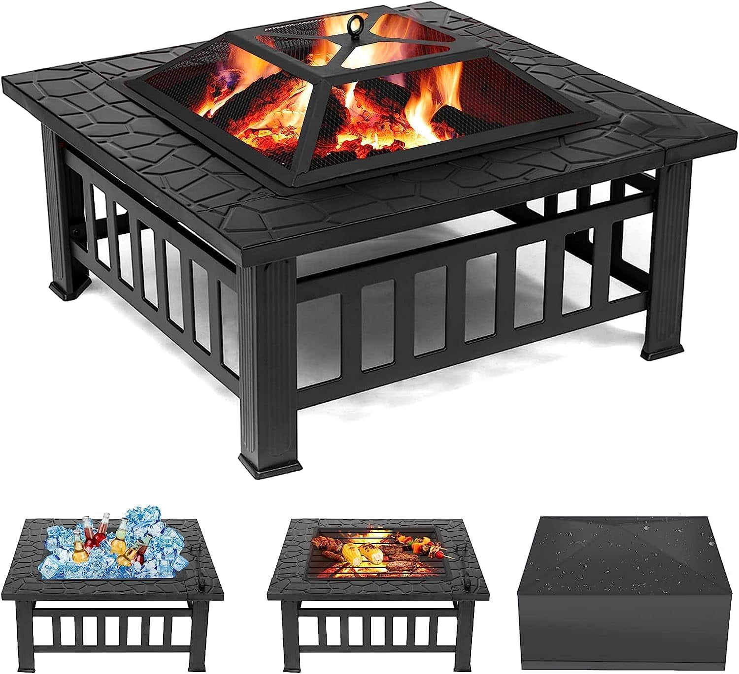 Fire Pit 32" Wood Burning Firepit Metal Square Outdoor Fire Tables ...