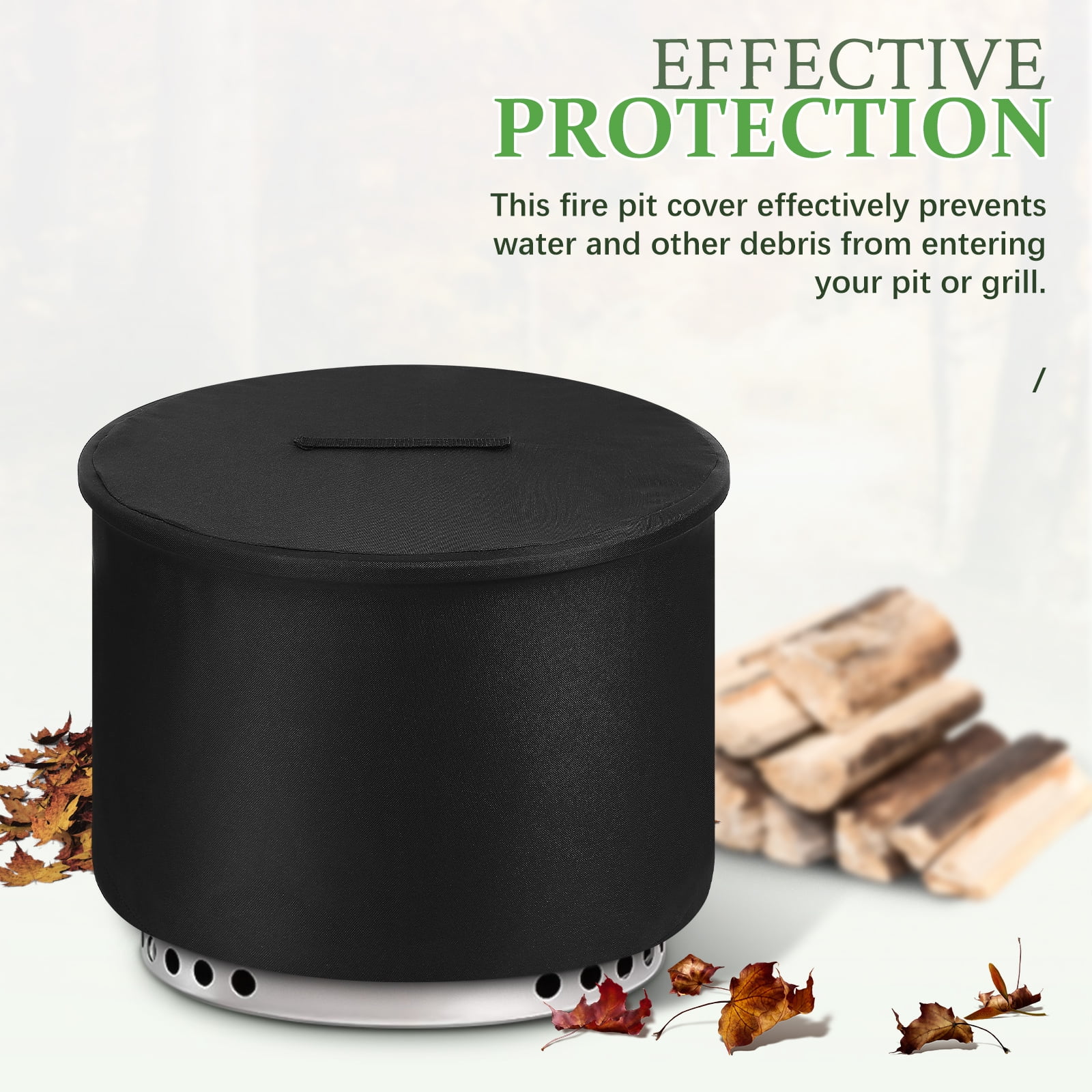 POPETPOP Outdoor Cover Black Oxford Fabric Round Fire Pit Lid with Wind ...