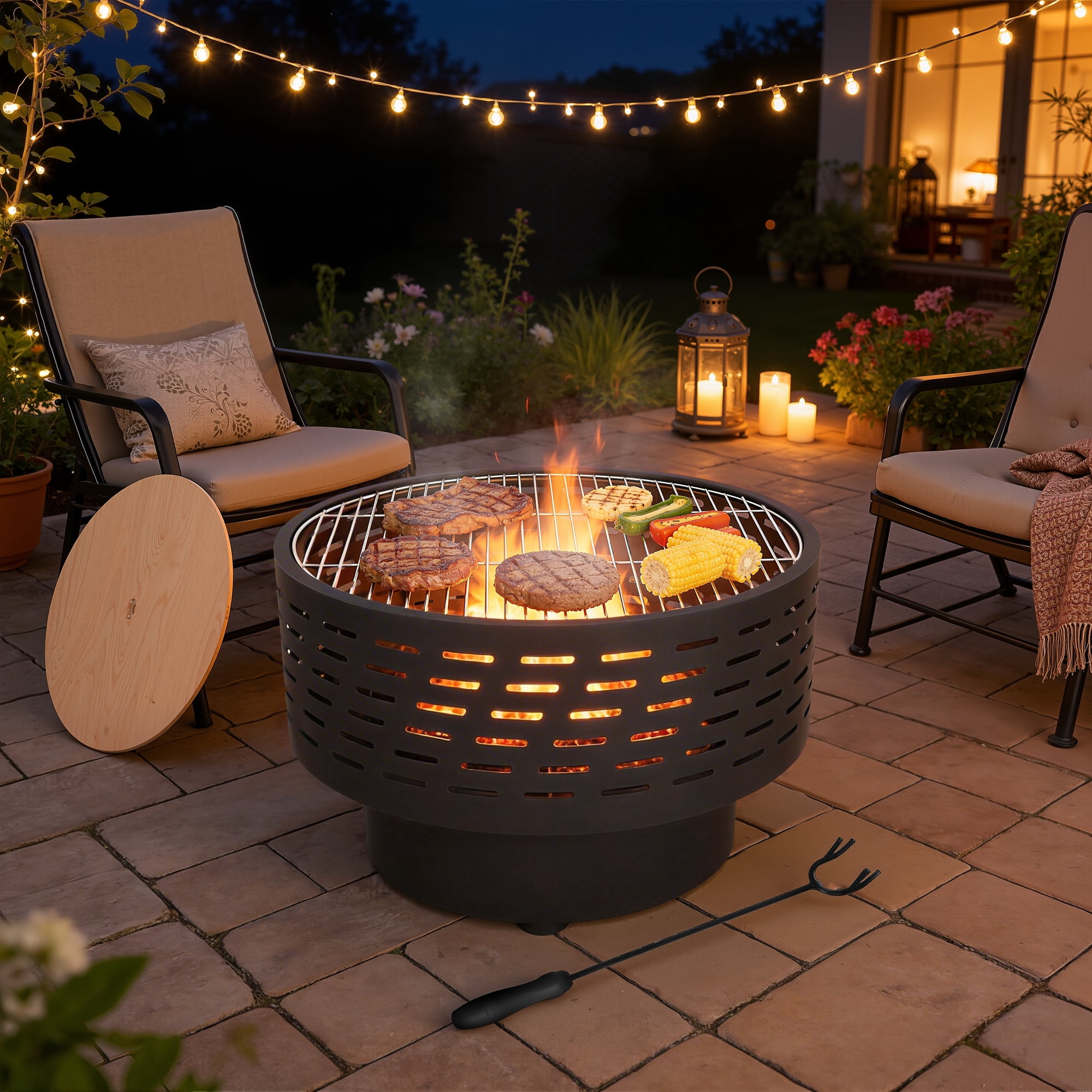 SEGAMART Outdoor Fire Pit, Hexagon Steel Pit with Mesh Lid, Portable ...
