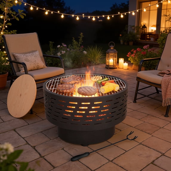 SEGAMART Outdoor Fire Pit, Hexagon Steel Pit with Mesh Lid, Portable ...