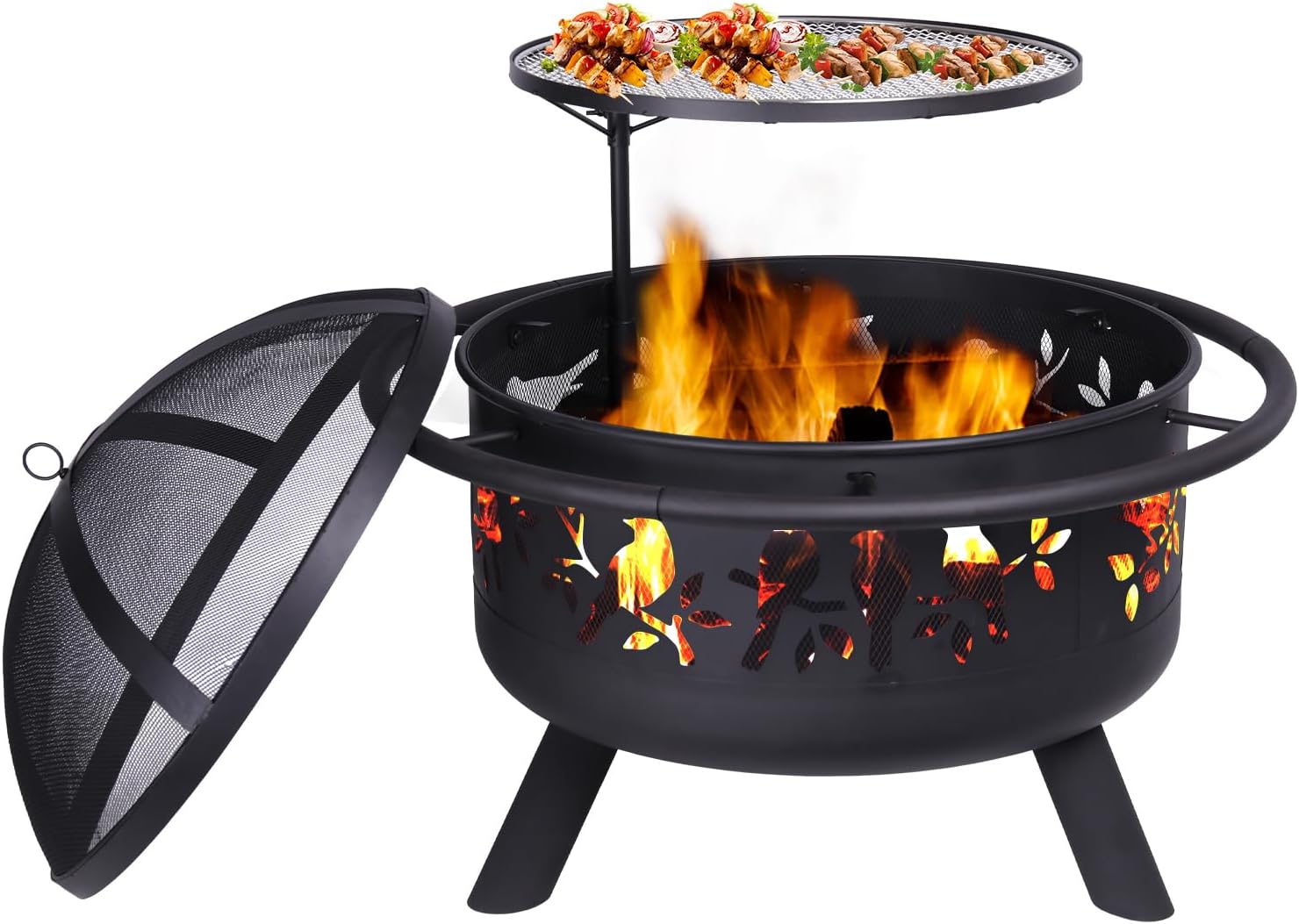 Fire Pits 30'' Outdoor Wood Burning Firepit Bowl with Grill PlateSpark ...