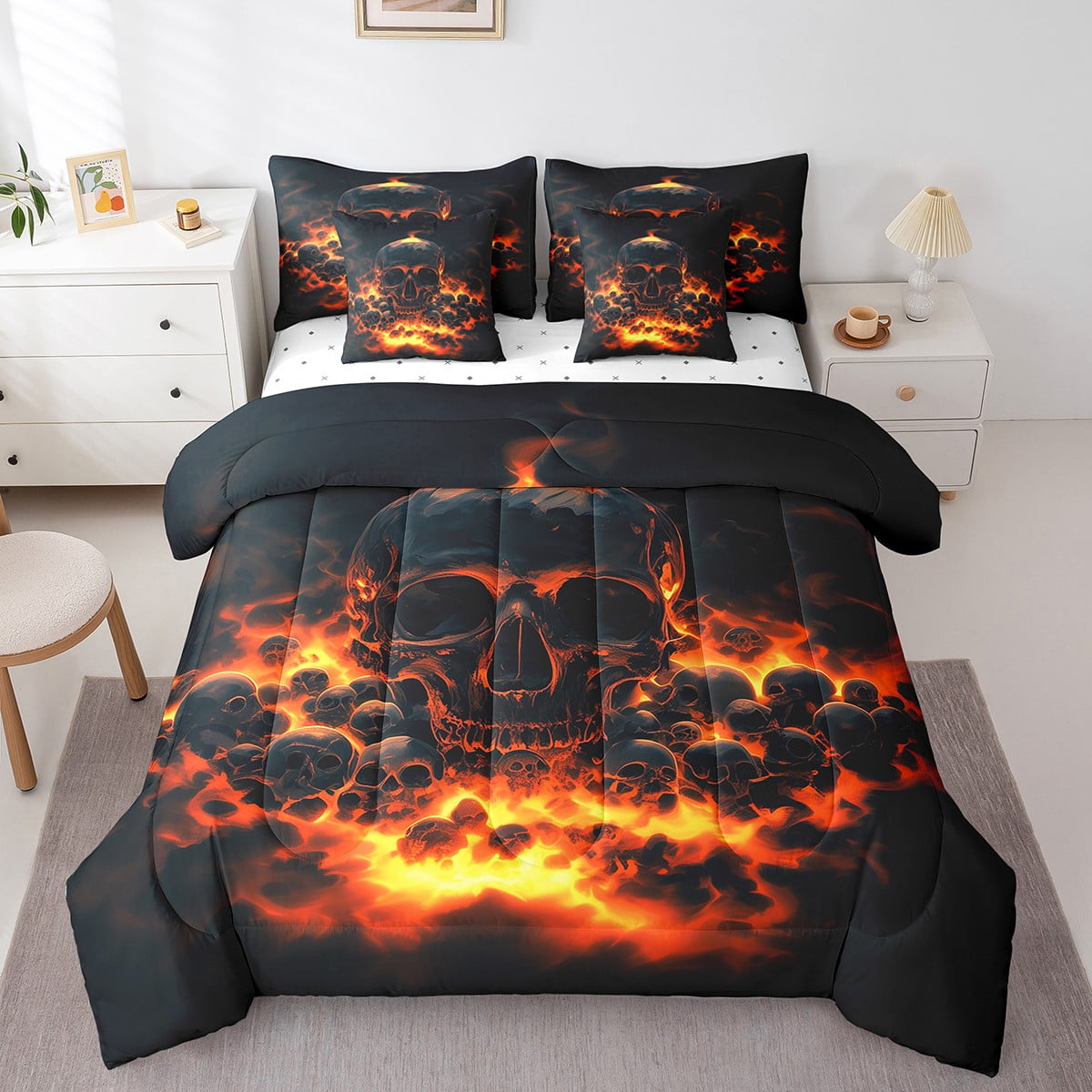Fire Skull Bedding Set 3D Flame Skull Bed In A Bag With Sheets For ...