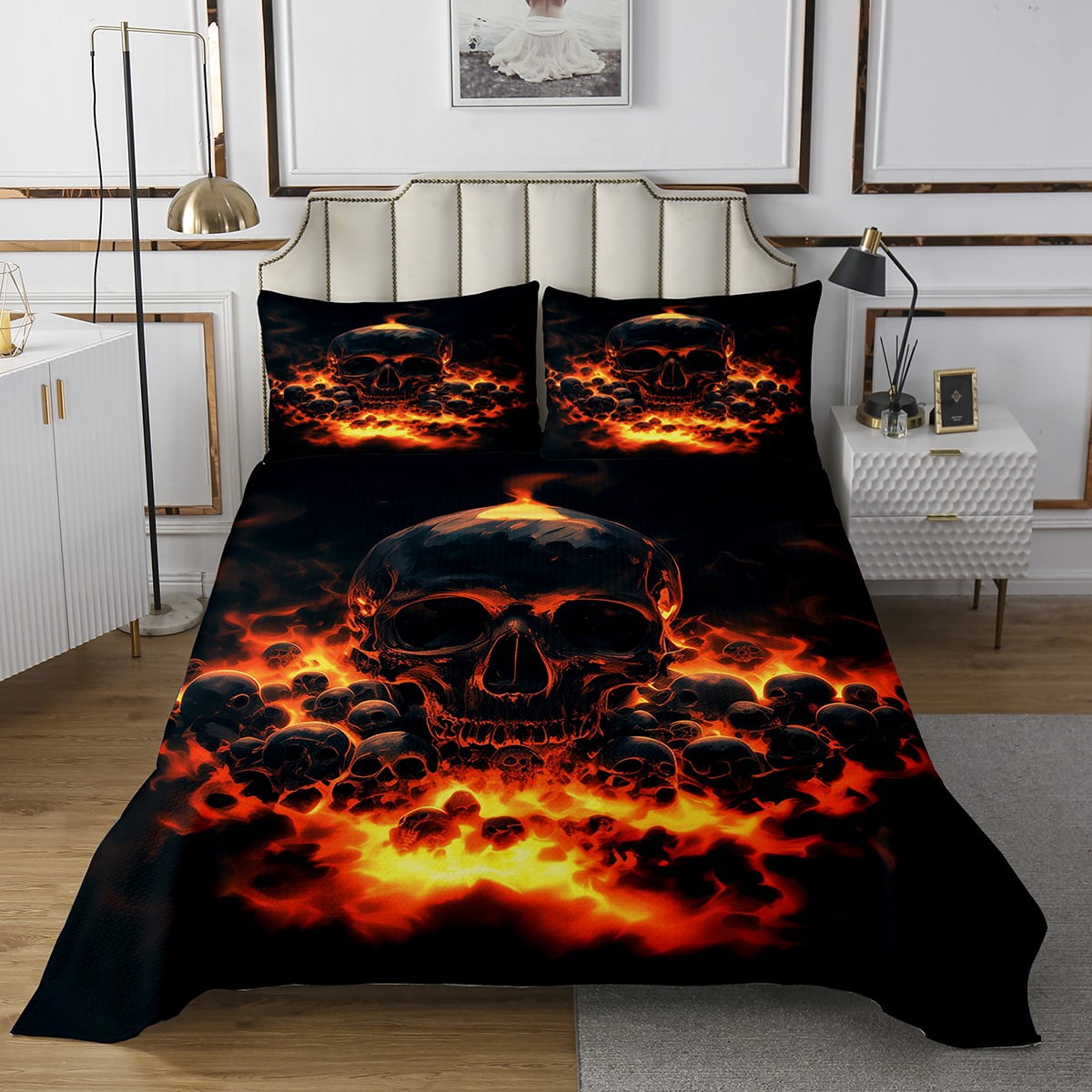 Fire Skull Bedspread Set 3D Flame Skull Coverlet Set King Size For ...