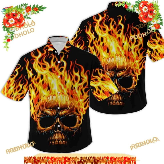 Fire Skull Button Down Hawaiian Shirt - Walmart.com