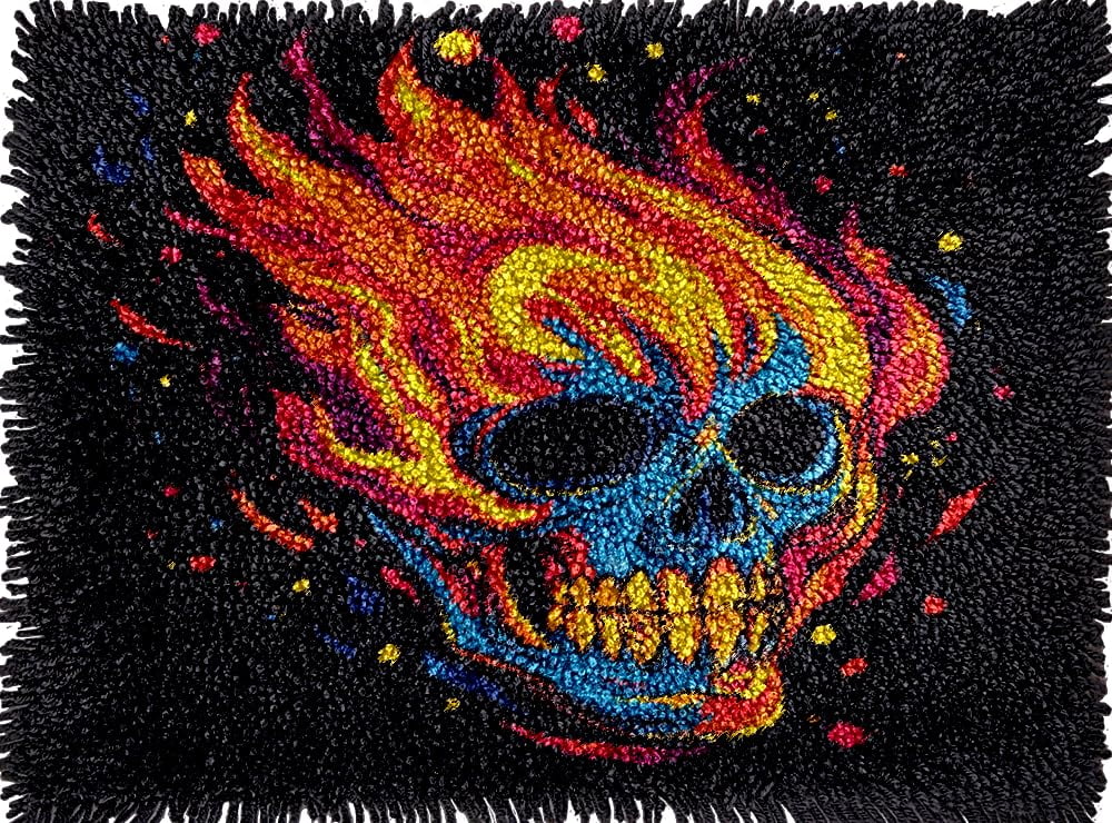 Fire Skull Head Colorful Latch Hook Rug kits Pre-printed Crochet Yarn ...