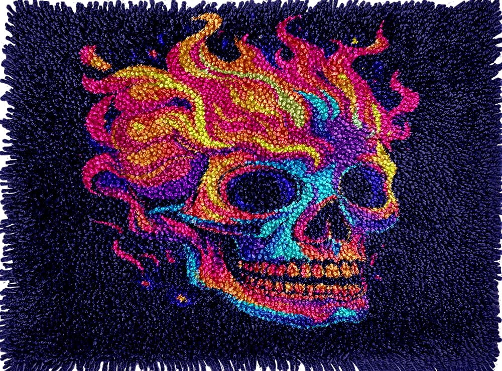 Fire Skull Head Colorful Latch Hook Rug kits Pre-printed Crochet Yarn ...
