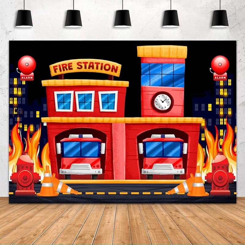 Fire Station Party Backdrop Fire Truck Cake Table Decorations Alarm ...