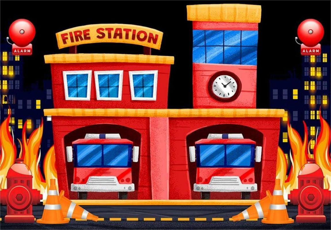 Fire Station Party Backdrop Fire Truck Decorations Alarm Bell Fire ...